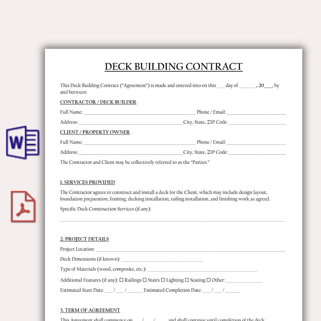 Editable Deck Building Contract, Comprehensive Deck Construction ...