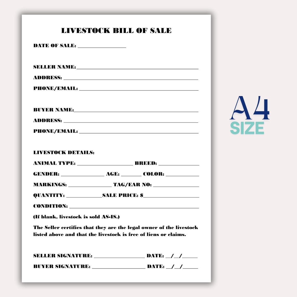 Livestock Bill of Sale Template, Printable Animal Bill of Sale Form PDF ...