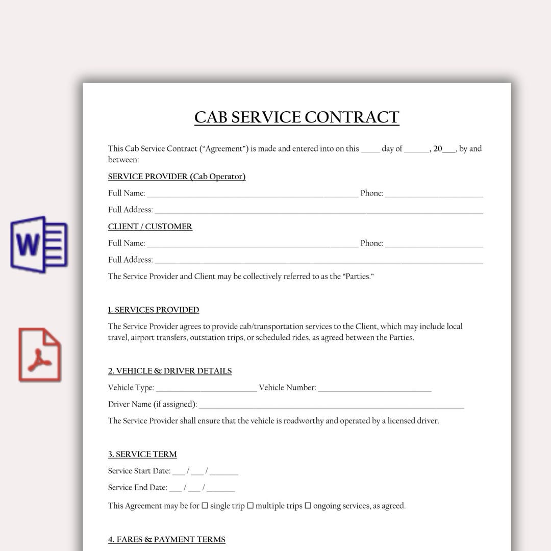 Cab Service Contract Template, Customizable Taxi Service Agreement Form ...