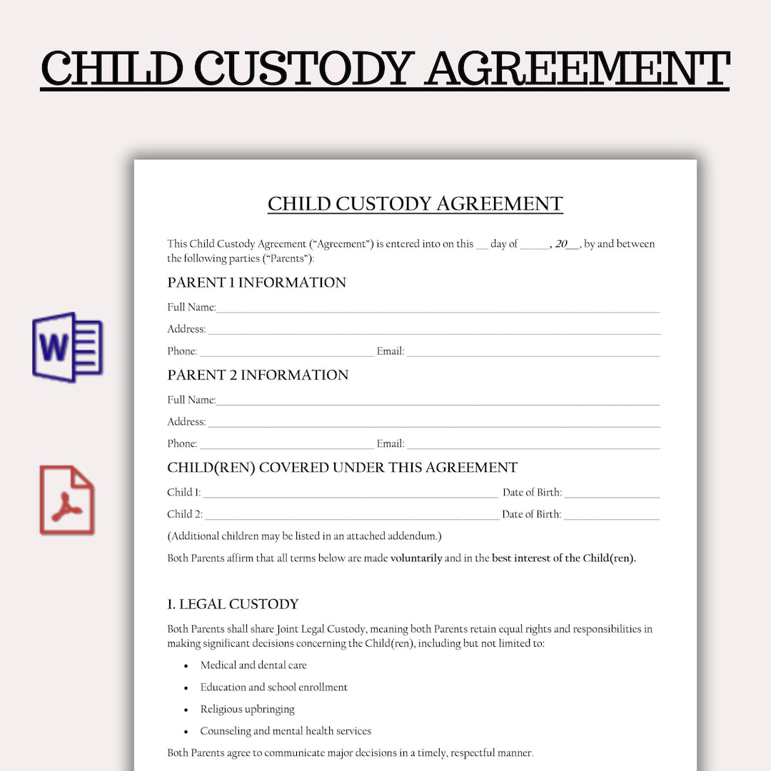 Child Custody Agreement Template, Editable Co-parenting Contract PDF ...