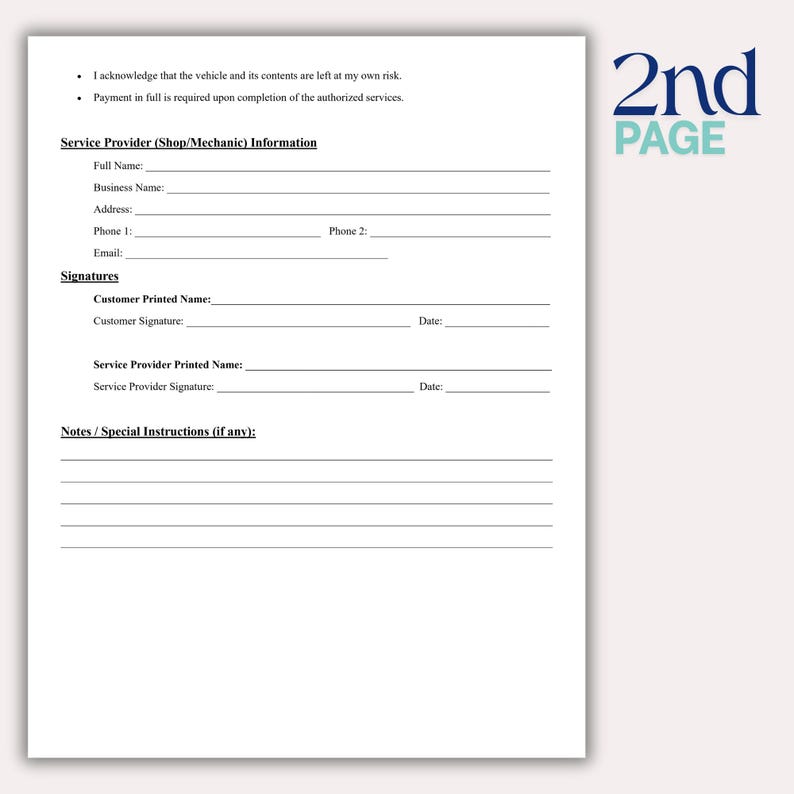 Editable Vehicle Service Authorization Form | Auto Repair Work Order ...