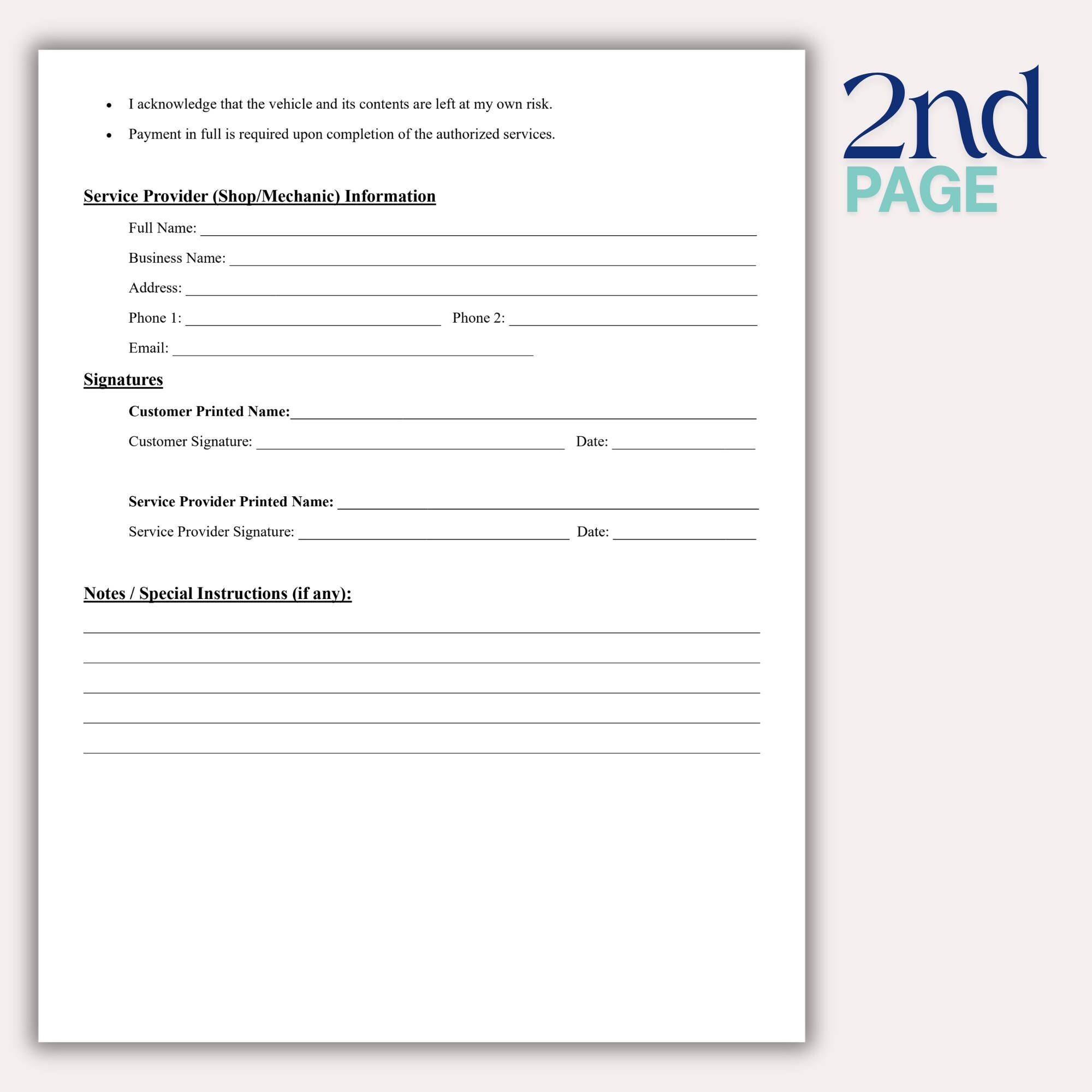 Editable Vehicle Service Authorization Form | Auto Repair Work Order ...