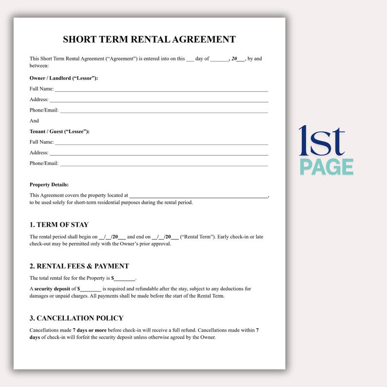 Short Term Rental Agreement Template, Editable Vacation Lease Contract ...