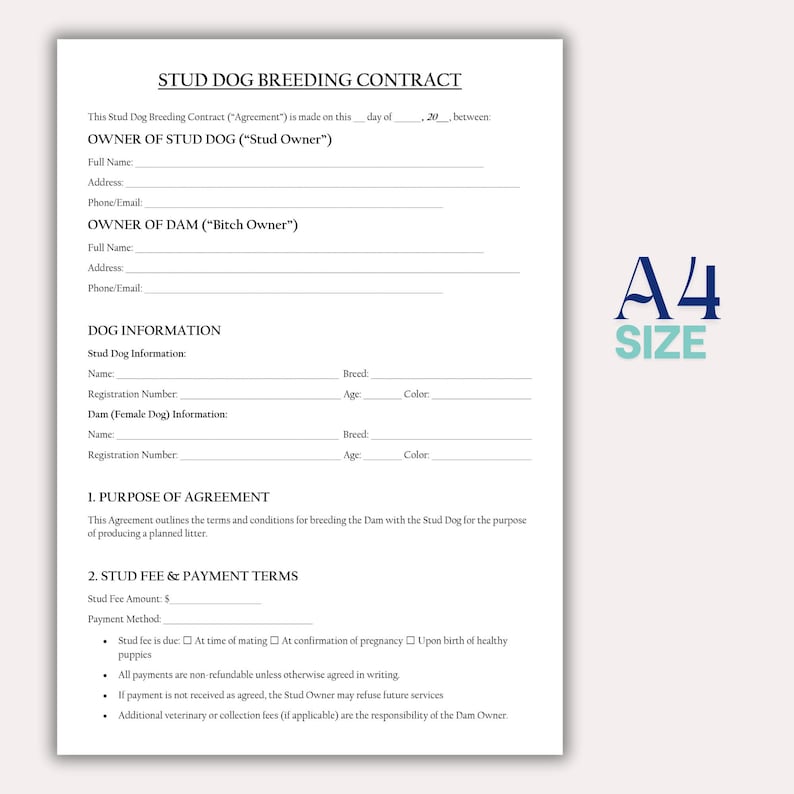 Stud Dog Breeding Contract Template, Editable Dog Mating Agreement PDF, AKC/UKC Puppy Litter ...