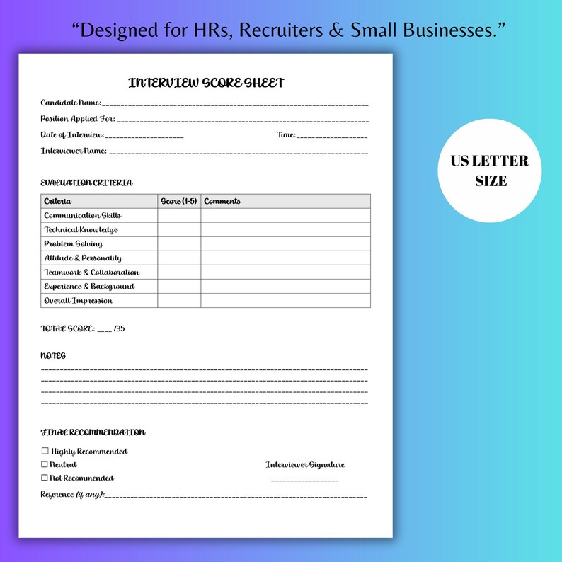 Interview Score Sheet Template | HR Candidate Evaluation Form | Job ...