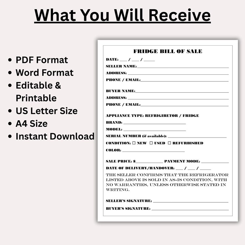 Fridge Bill of Sale Template, Refrigerator Appliance Sale Form PDF ...