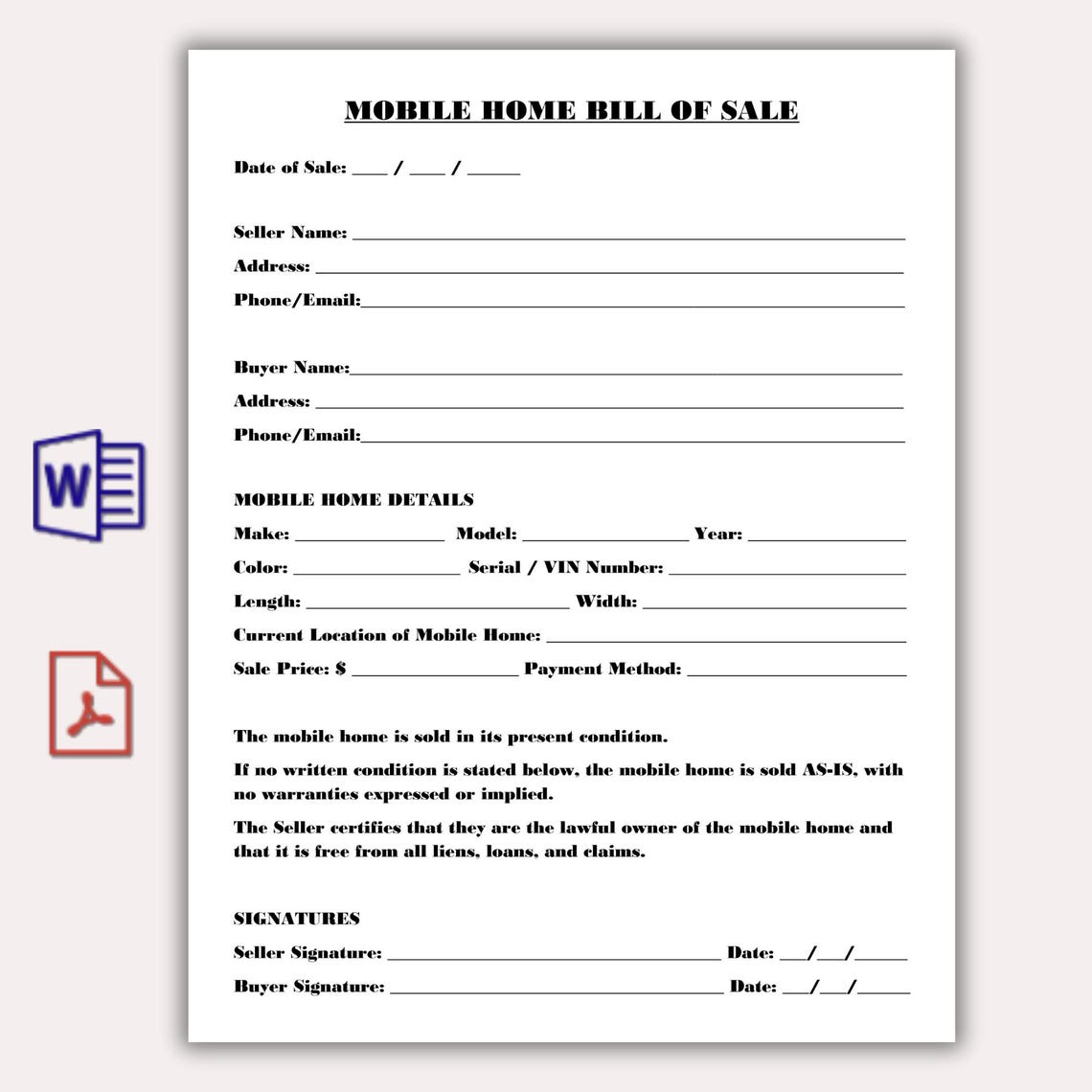 Mobile Home Bill of Sale Template, Printable Home Sale Contract PDF ...