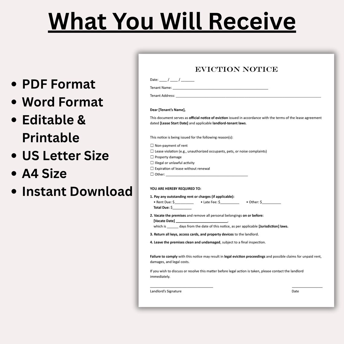 Editable Eviction Notice Template, Printable Notice to Vacate, Landlord ...