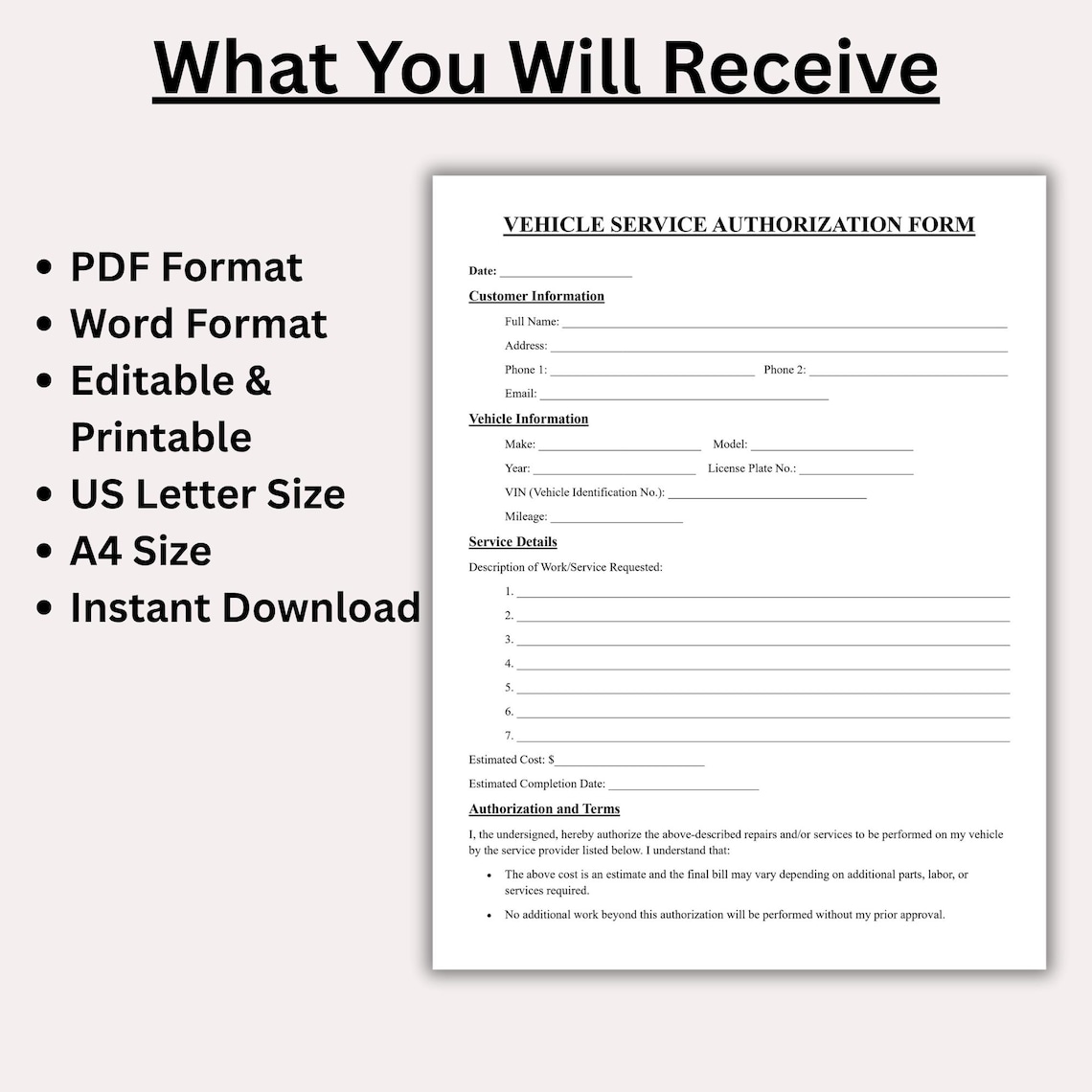 Editable Vehicle Service Authorization Form | Auto Repair Work Order ...