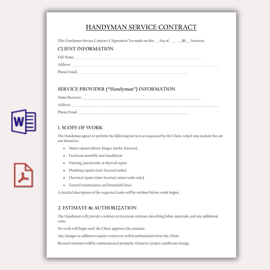 Handyman Service Contract Template, Editable Home Repair Contract ...