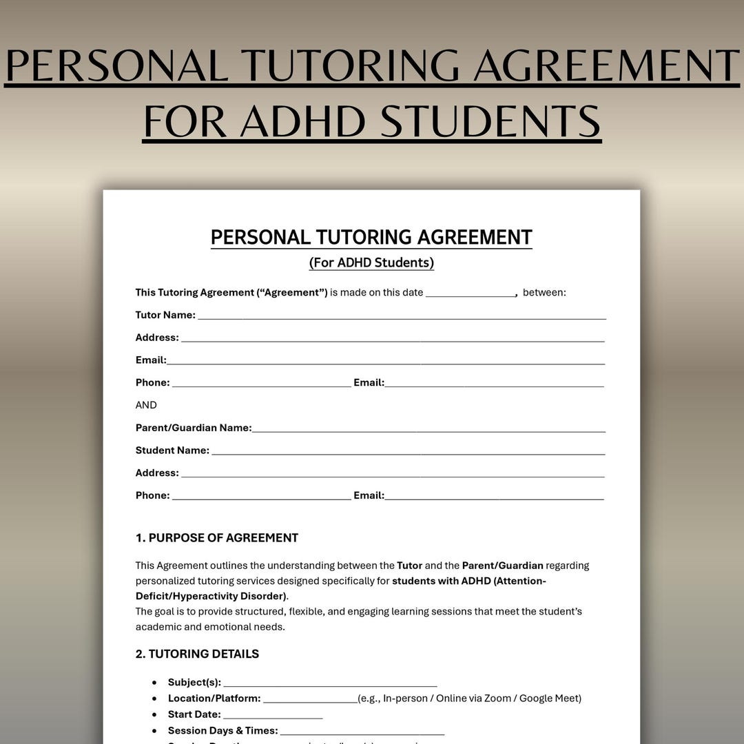 Editable Personal Tutoring Contract Template for ADHD Students ...