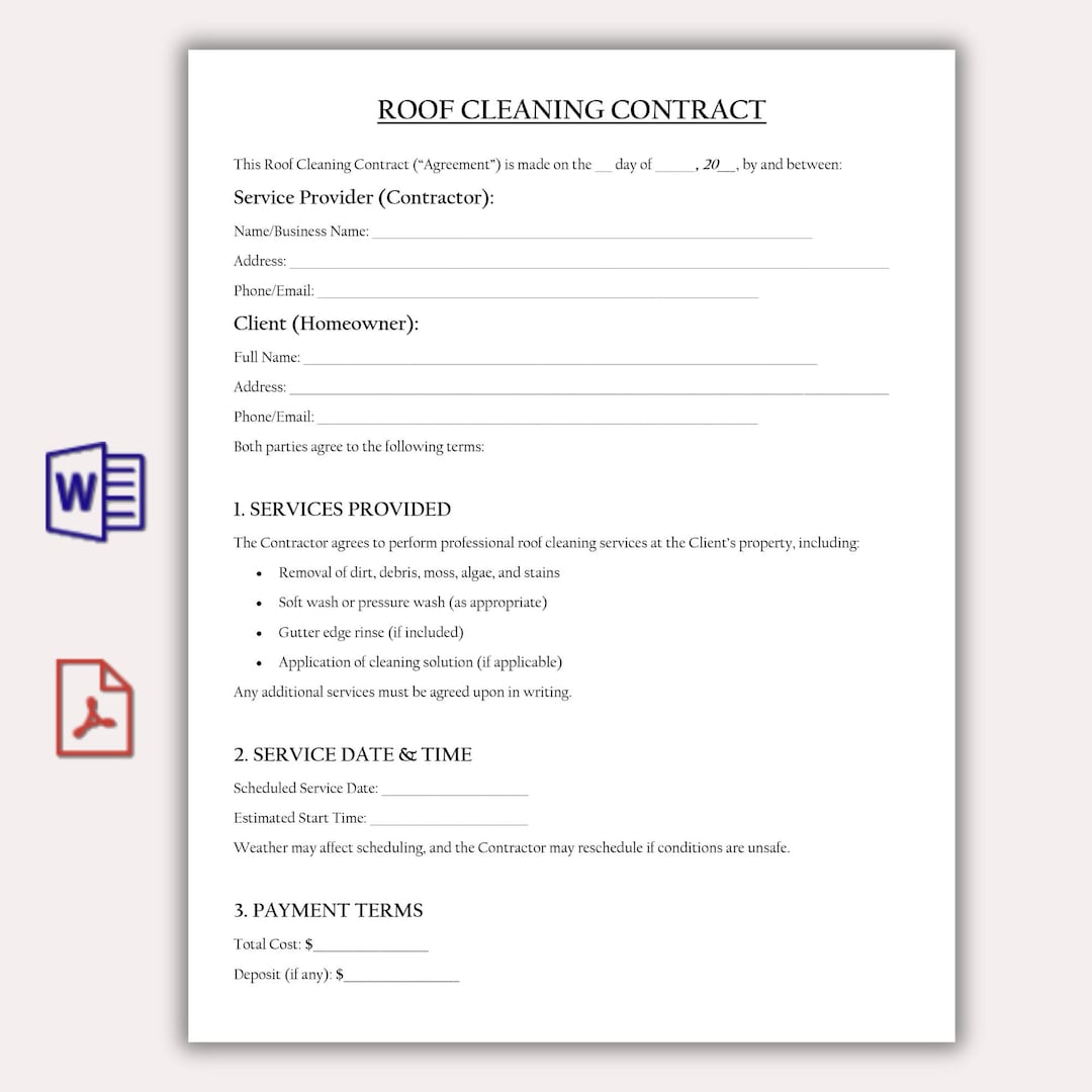 Roof Cleaning Contract Template, Editable Roof Wash Service Agreement ...