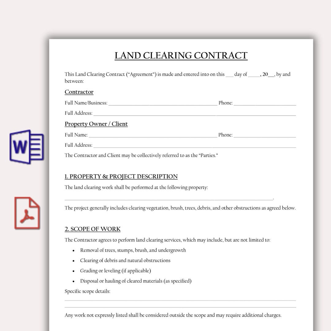 Customizable Land Clearing Contract Template, Land Management Document ...