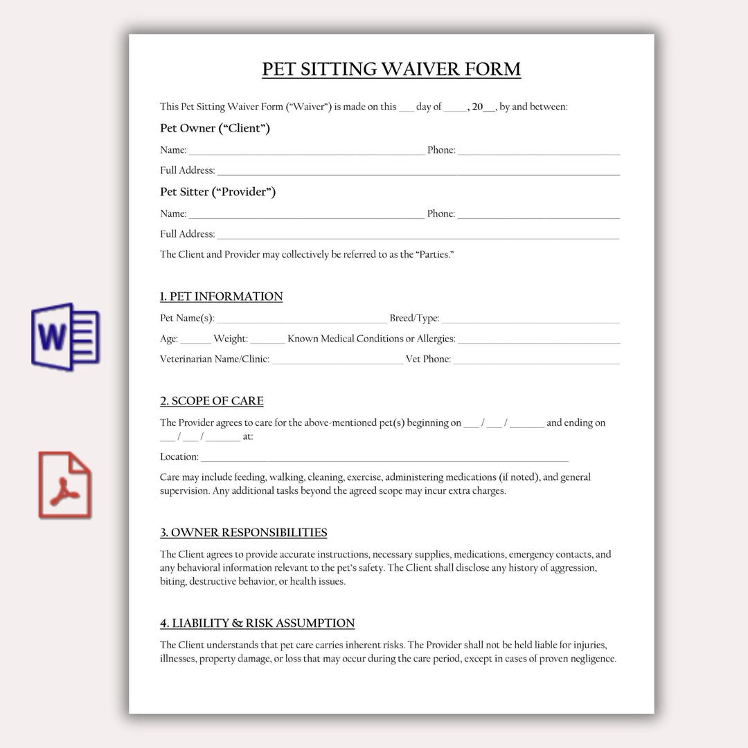 Pet Sitting Waiver Form, Printable Pet Sitting Release Form Template ...
