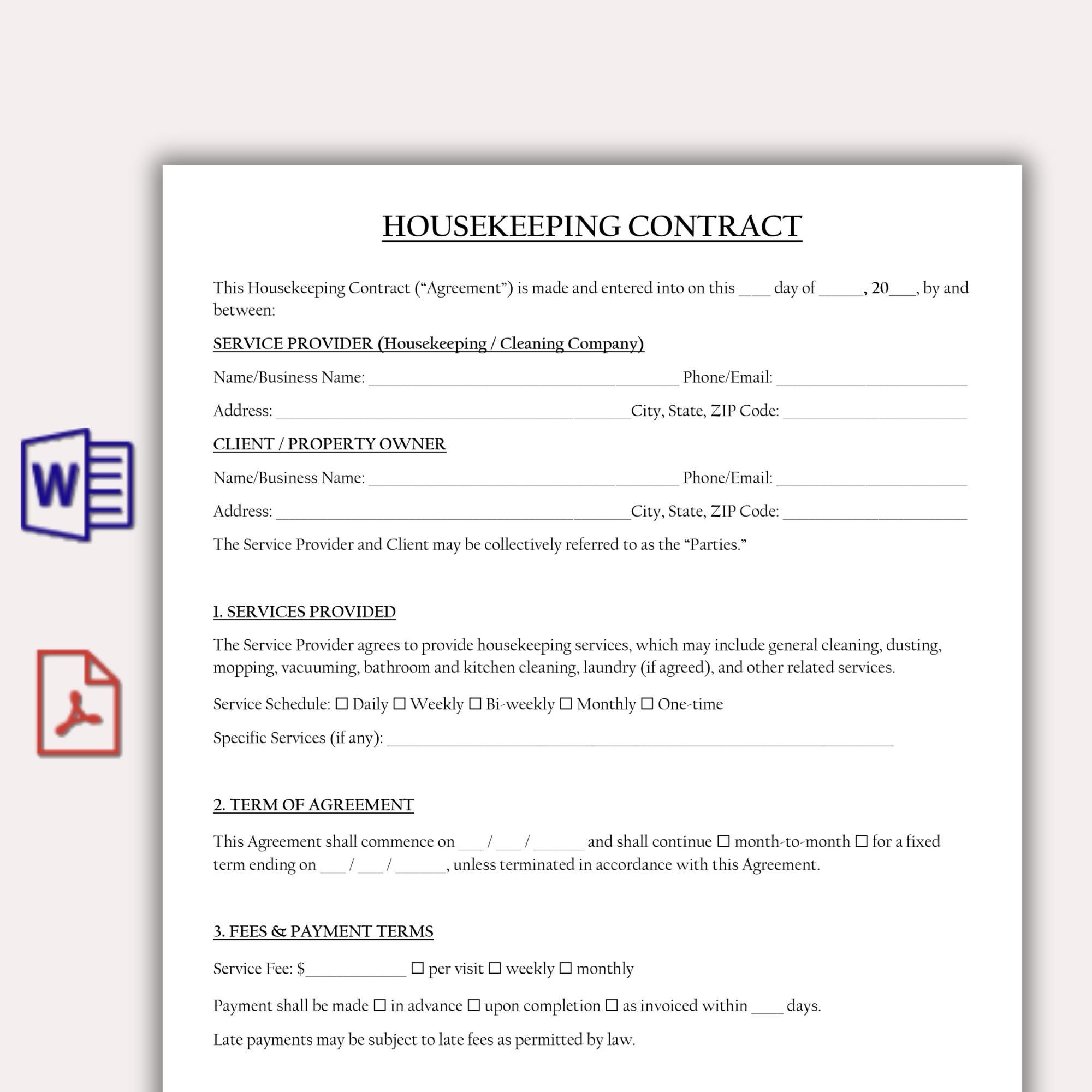 Customizable Housekeeping Contract Template, House Cleaning Service ...