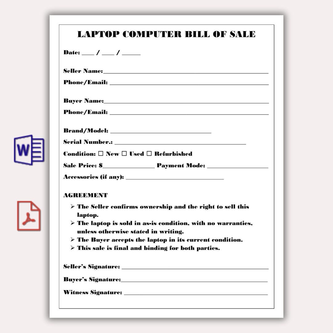 Laptop Bill of Sale Template, Computer Sale Agreement PDF & Word ...