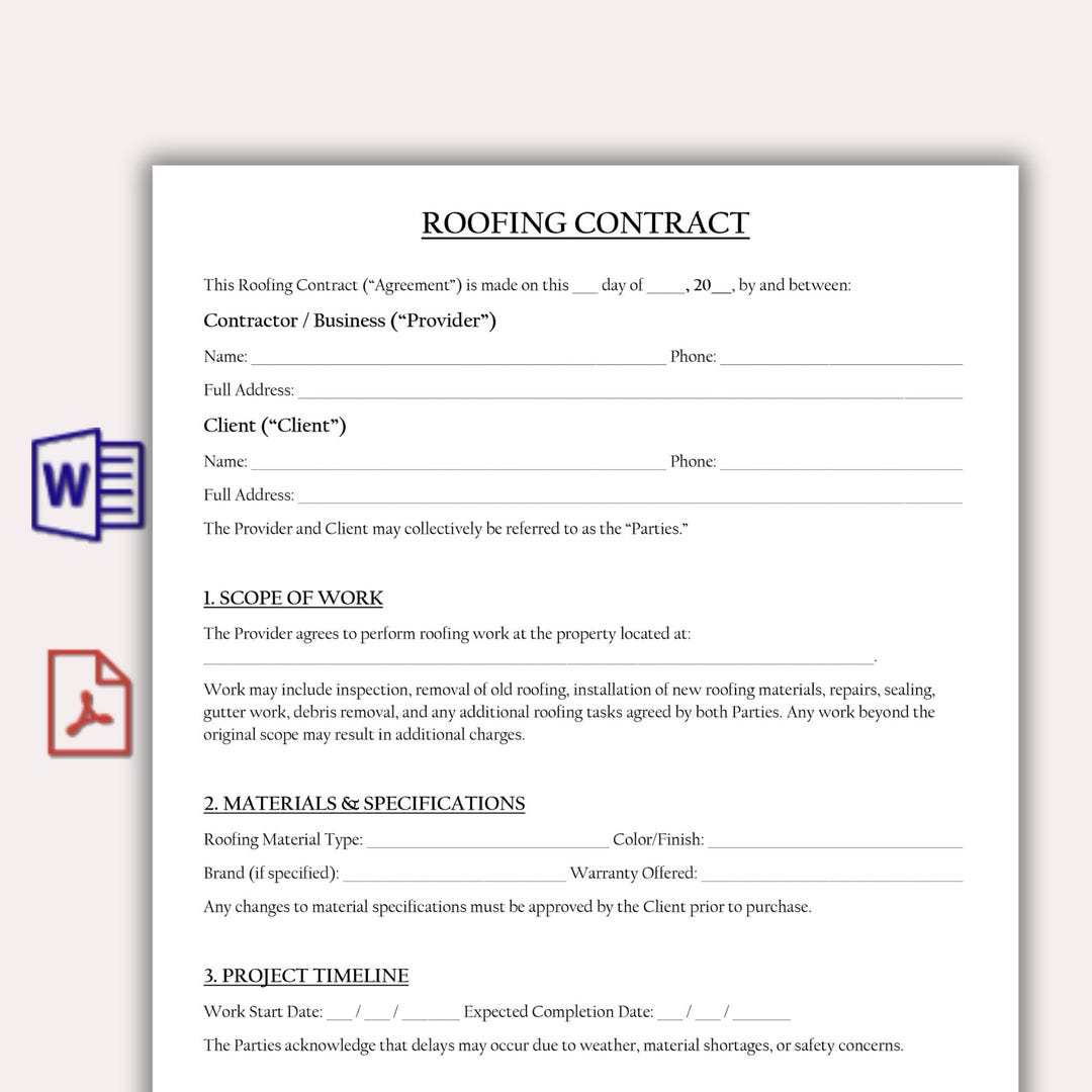 Printable Roofing Contract Template, Editable Residential Roofing ...