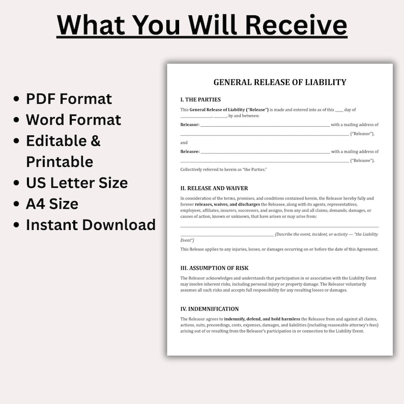 General Release of Liability Template, Editable Waiver Agreement PDF ...
