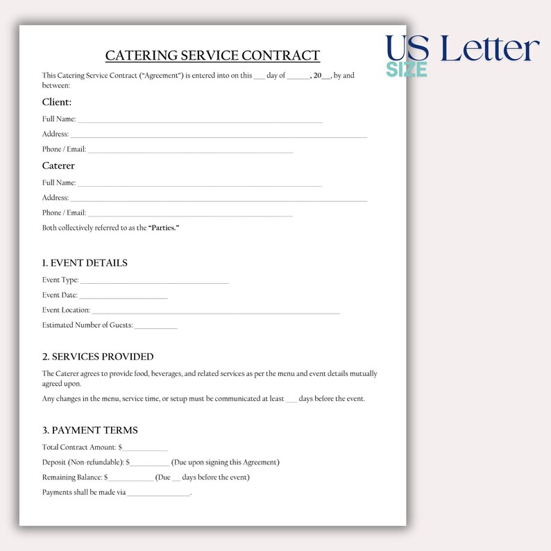 Editable Catering Contract Template, Simple Catering Service Contract ...