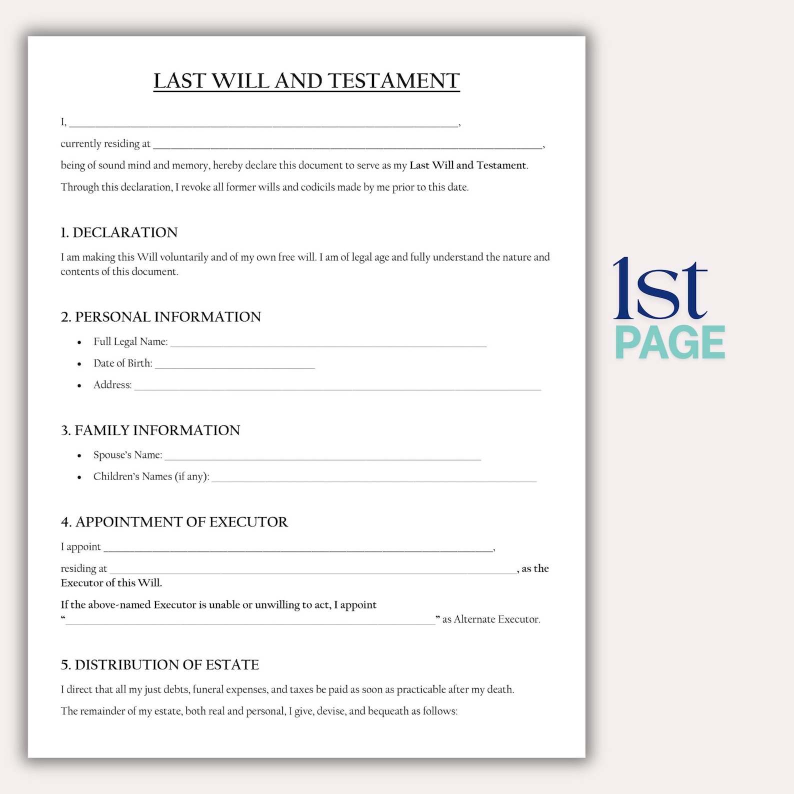 Last Will and Testament Template, Editable Legal Will Document PDF ...
