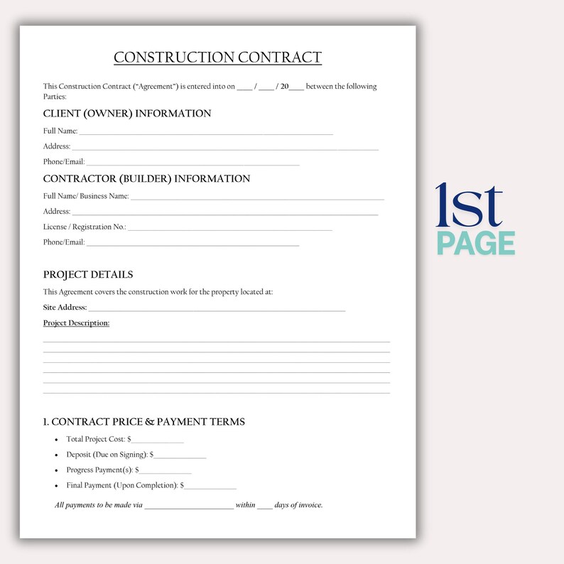 Construction Contract Template, Building Contractor Agreement PDF ...