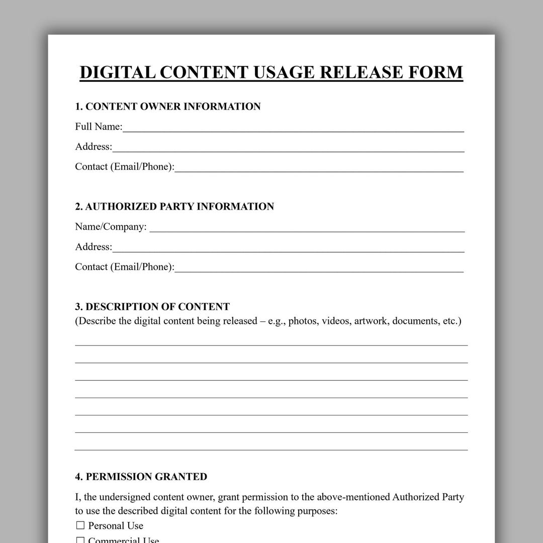 Editable Digital Content Release Form, Content Usage Authorization Form ...
