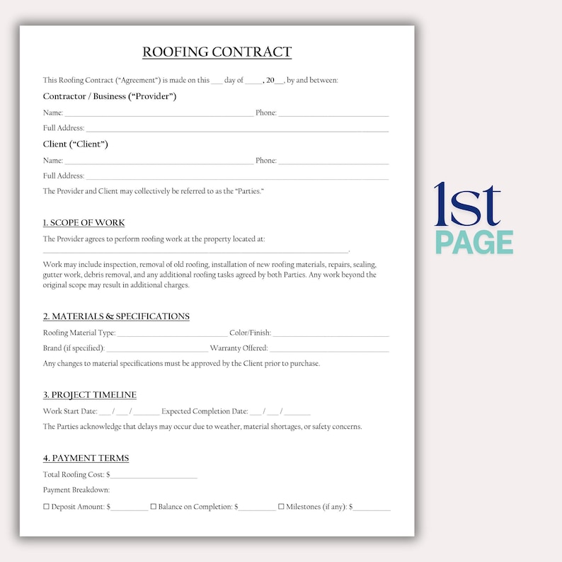 Printable Roofing Contract Template, Editable Residential Roofing ...