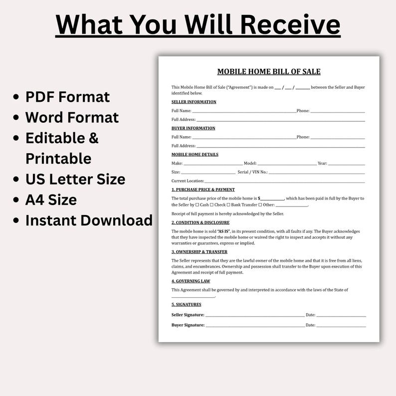 Mobile Home Bill of Sale, Printable Manufactured Home Sale Form ...