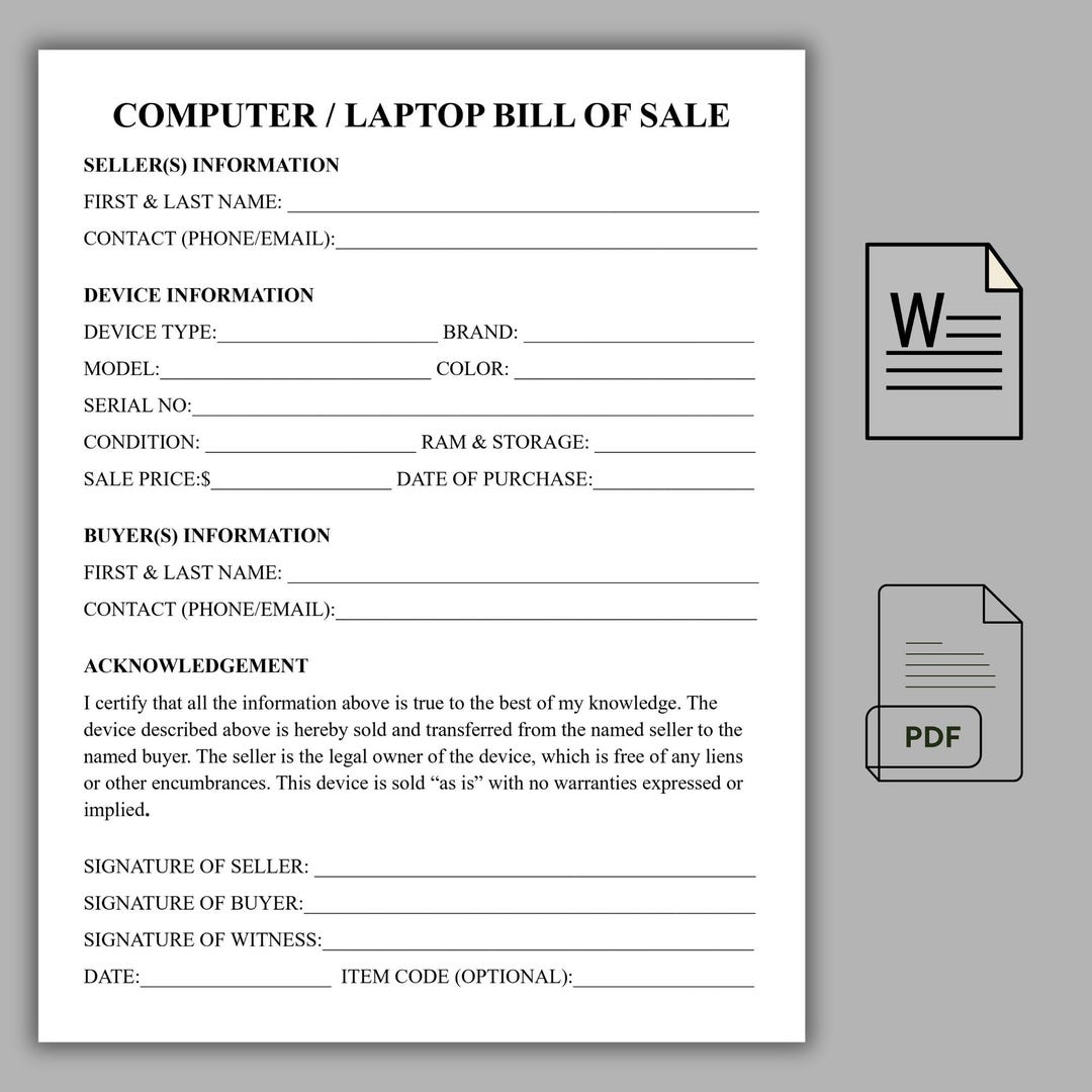 Computer Bill of Sale Template, Laptop Bill of Sale, Printable Bill ...