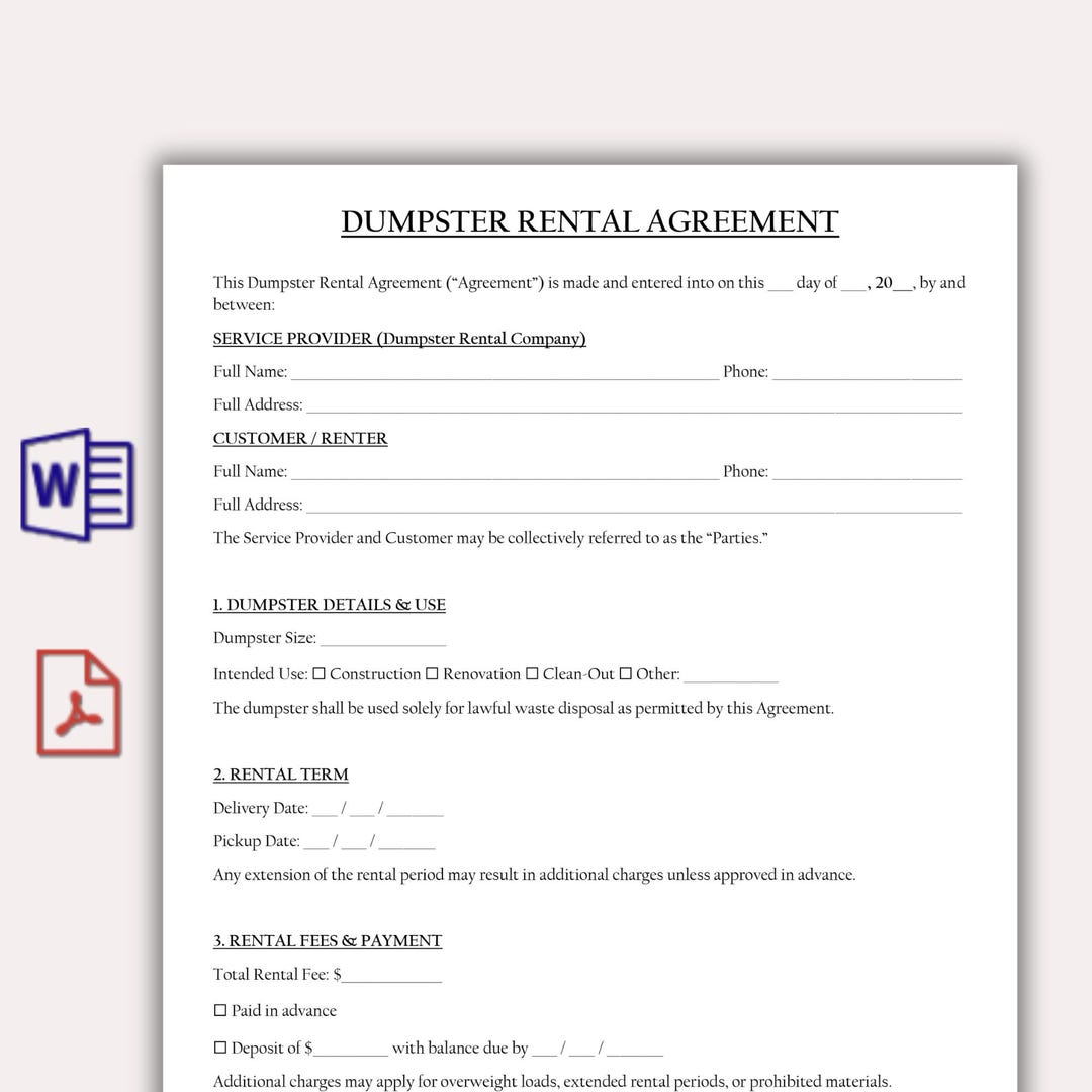 Dumpster Rental Agreement Template, Editable Dumpster Contract ...
