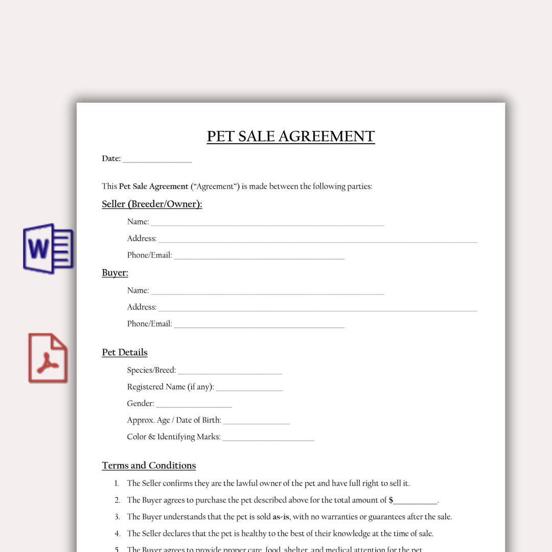 Pet Sale Agreement Template, Puppy Dog Cat Purchase Contract PDF & Word ...