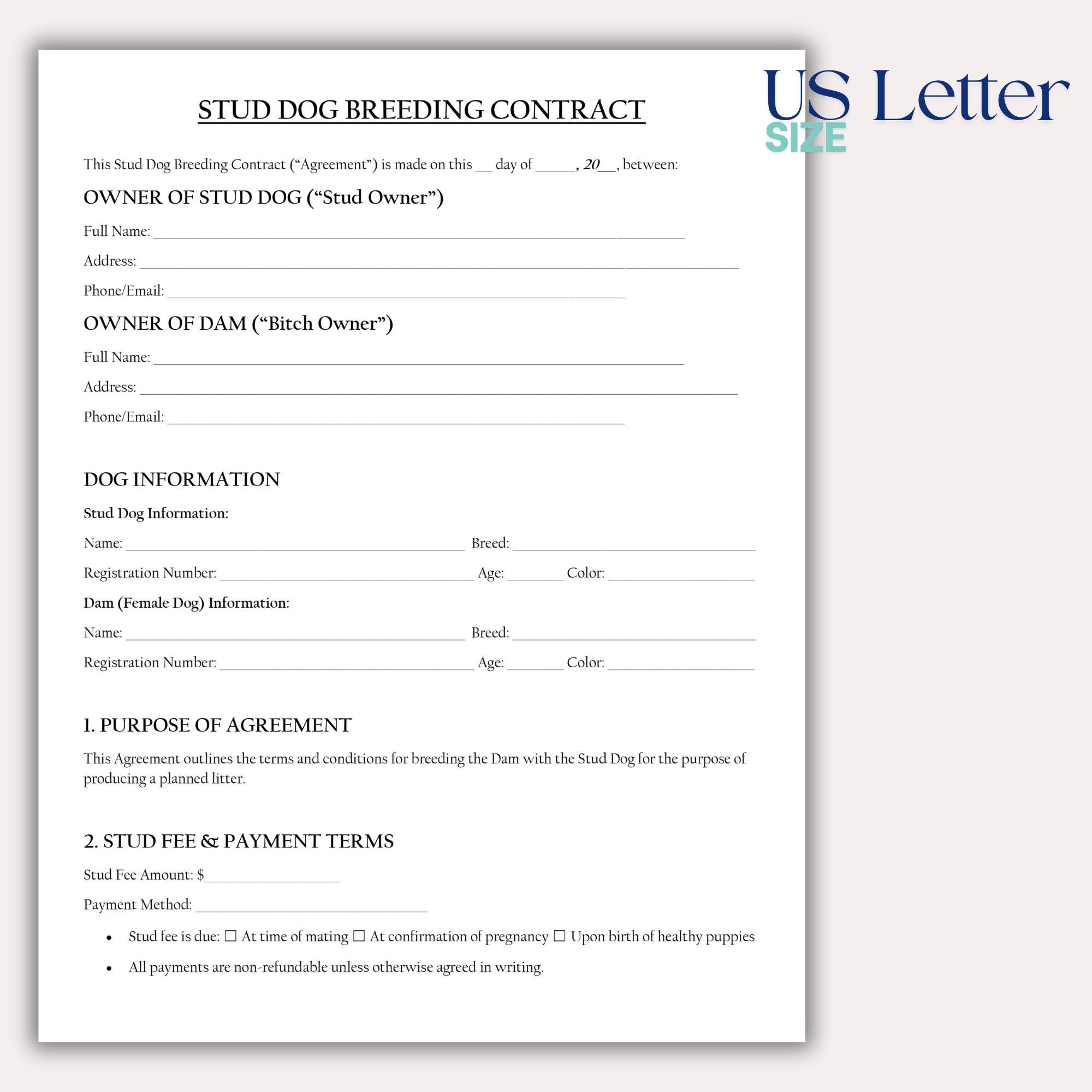 Stud Dog Breeding Contract Template, Editable Dog Mating Agreement PDF ...