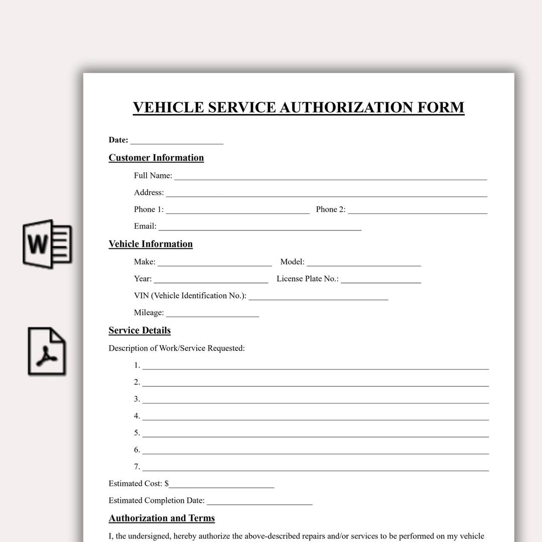 Editable Vehicle Service Authorization Form | Auto Repair Work Order ...
