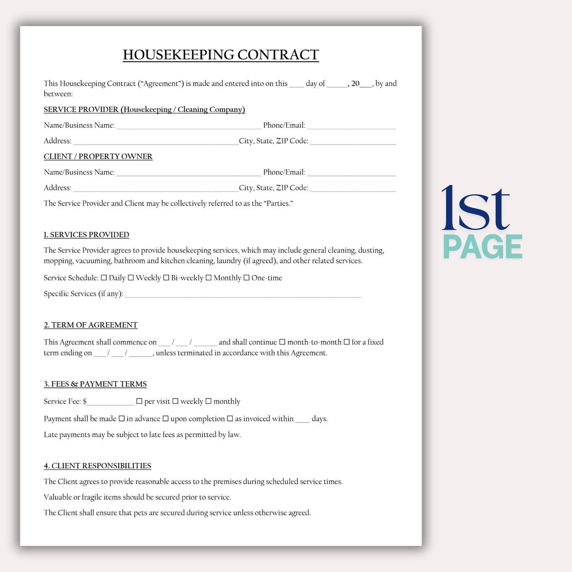 Customizable Housekeeping Contract Template, House Cleaning Service ...