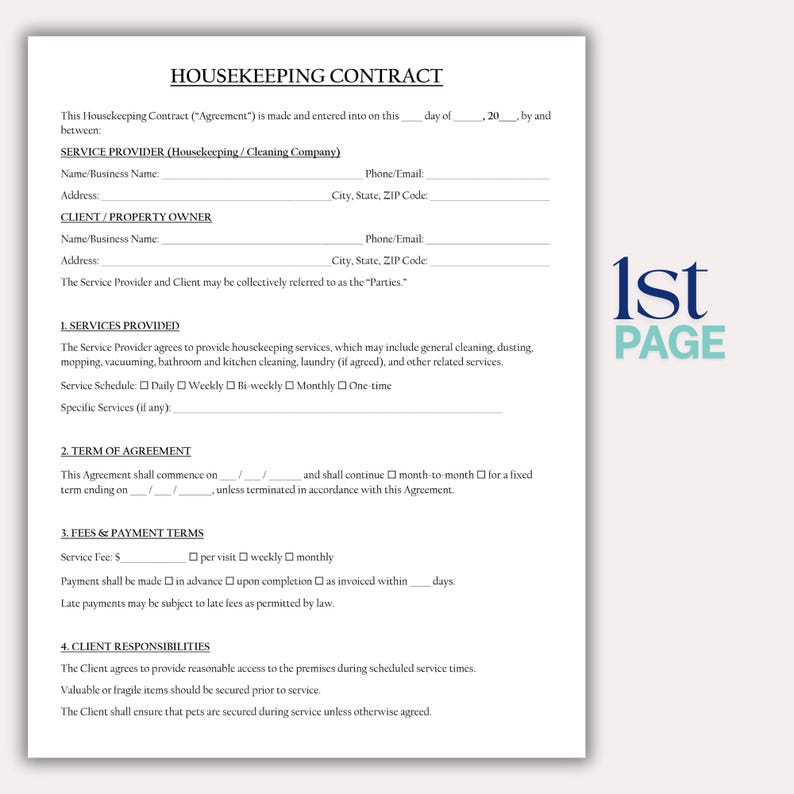 Customizable Housekeeping Contract Template, House Cleaning Service ...