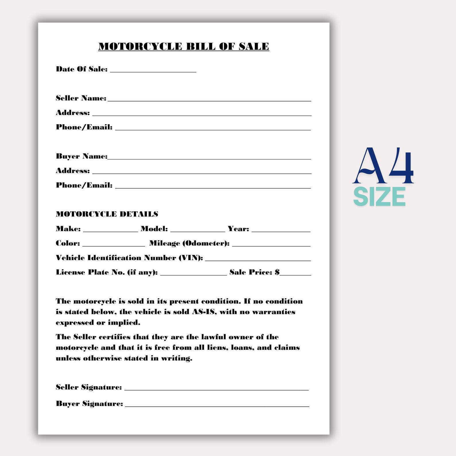 Motorcycle Bill of Sale Template, Printable Motor Vehicle Sale Contract ...