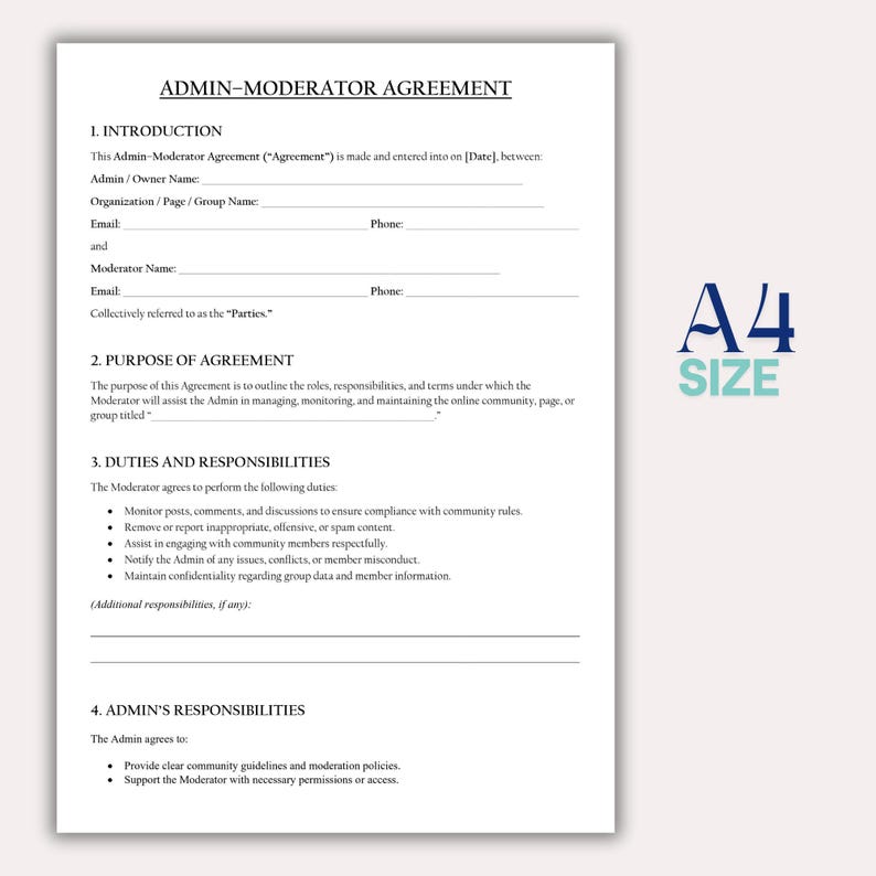 Admin Moderator Agreement Template, Editable Social Media Group ...