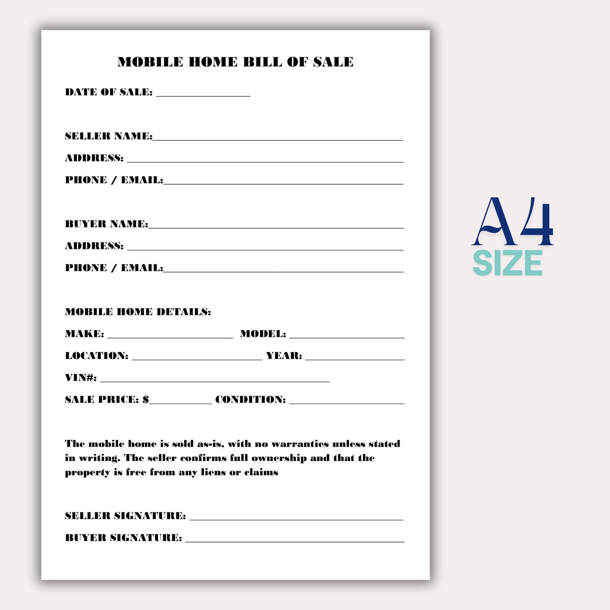 Mobile Home Bill of Sale Template, Editable Manufactured Home Sale Form ...
