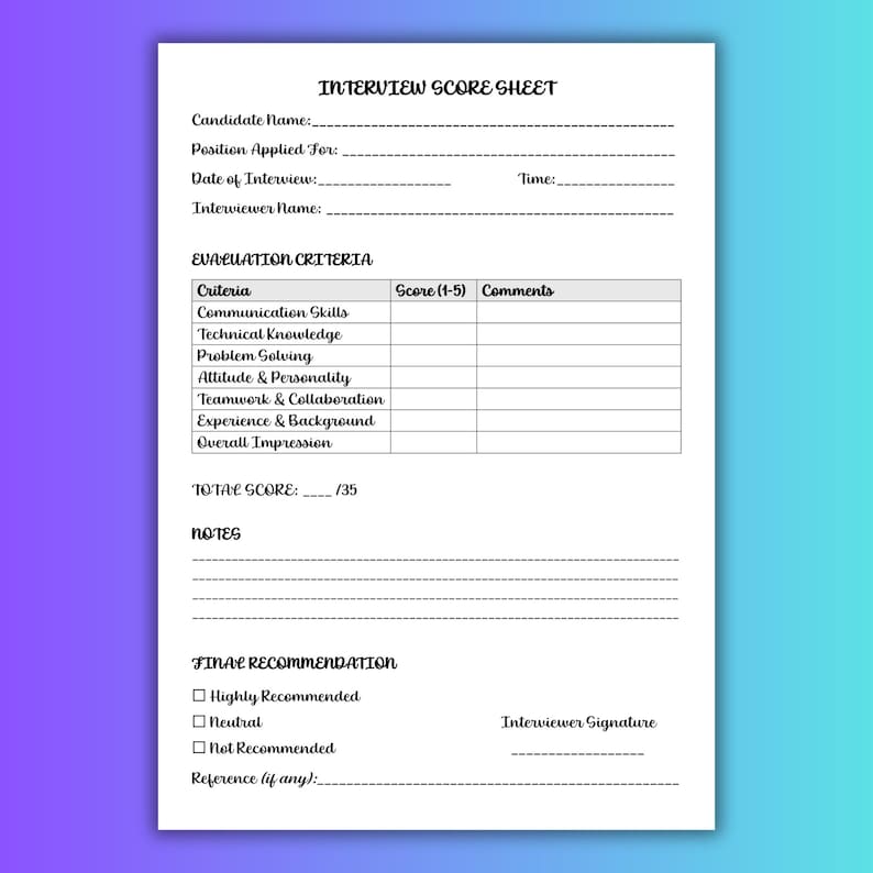 Interview Score Sheet Template | HR Candidate Evaluation Form | Job ...