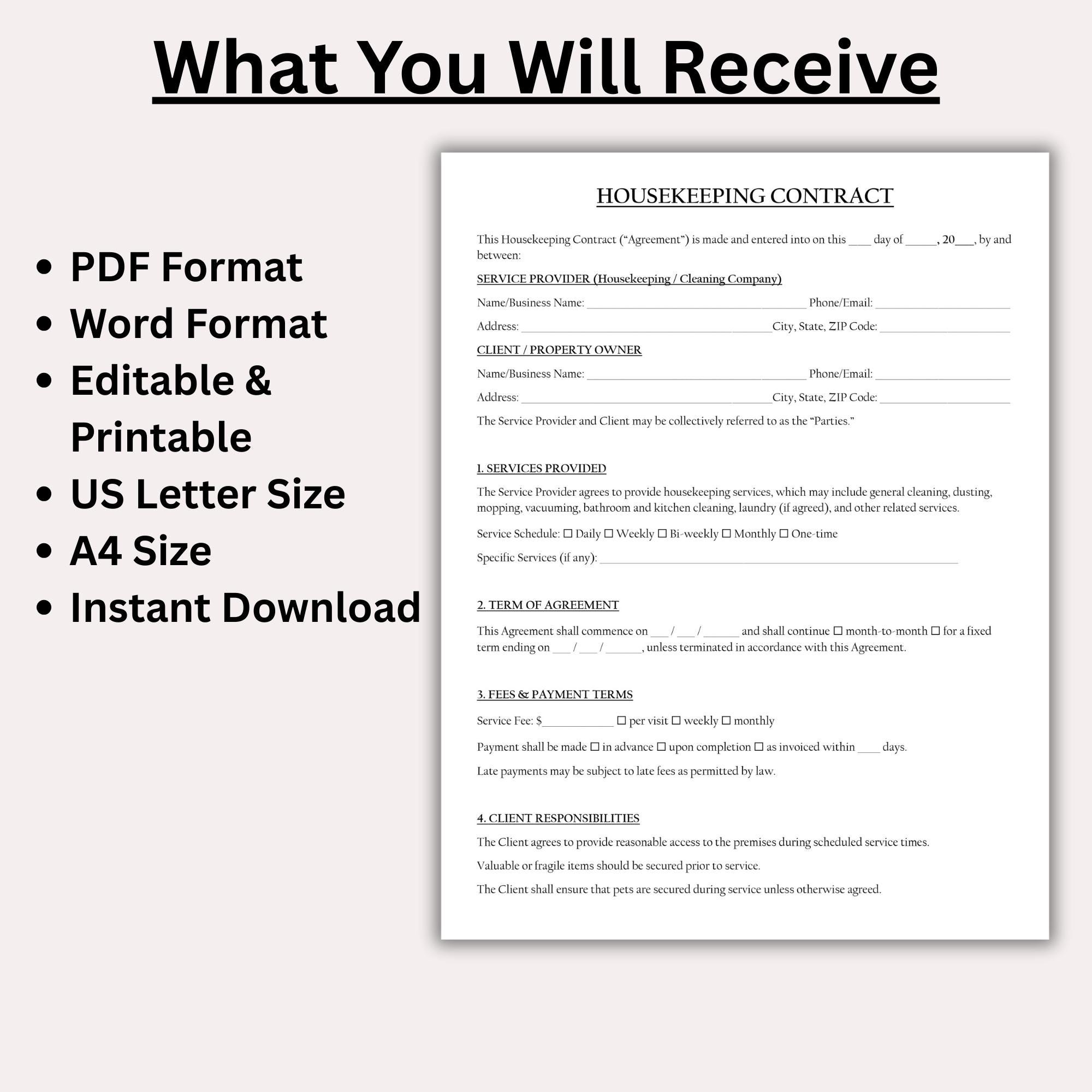 Customizable Housekeeping Contract Template, House Cleaning Service ...