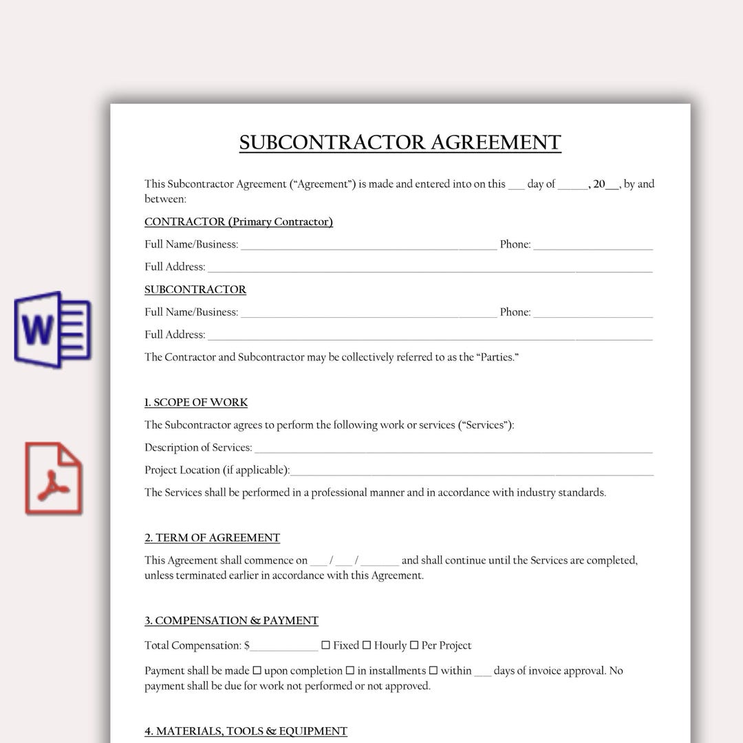 Subcontractor Agreement Template, Editable Subcontractor Contract Form ...
