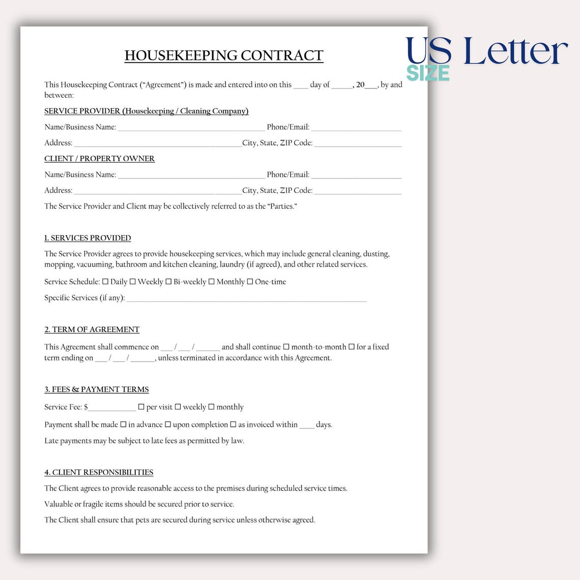 Customizable Housekeeping Contract Template, House Cleaning Service ...