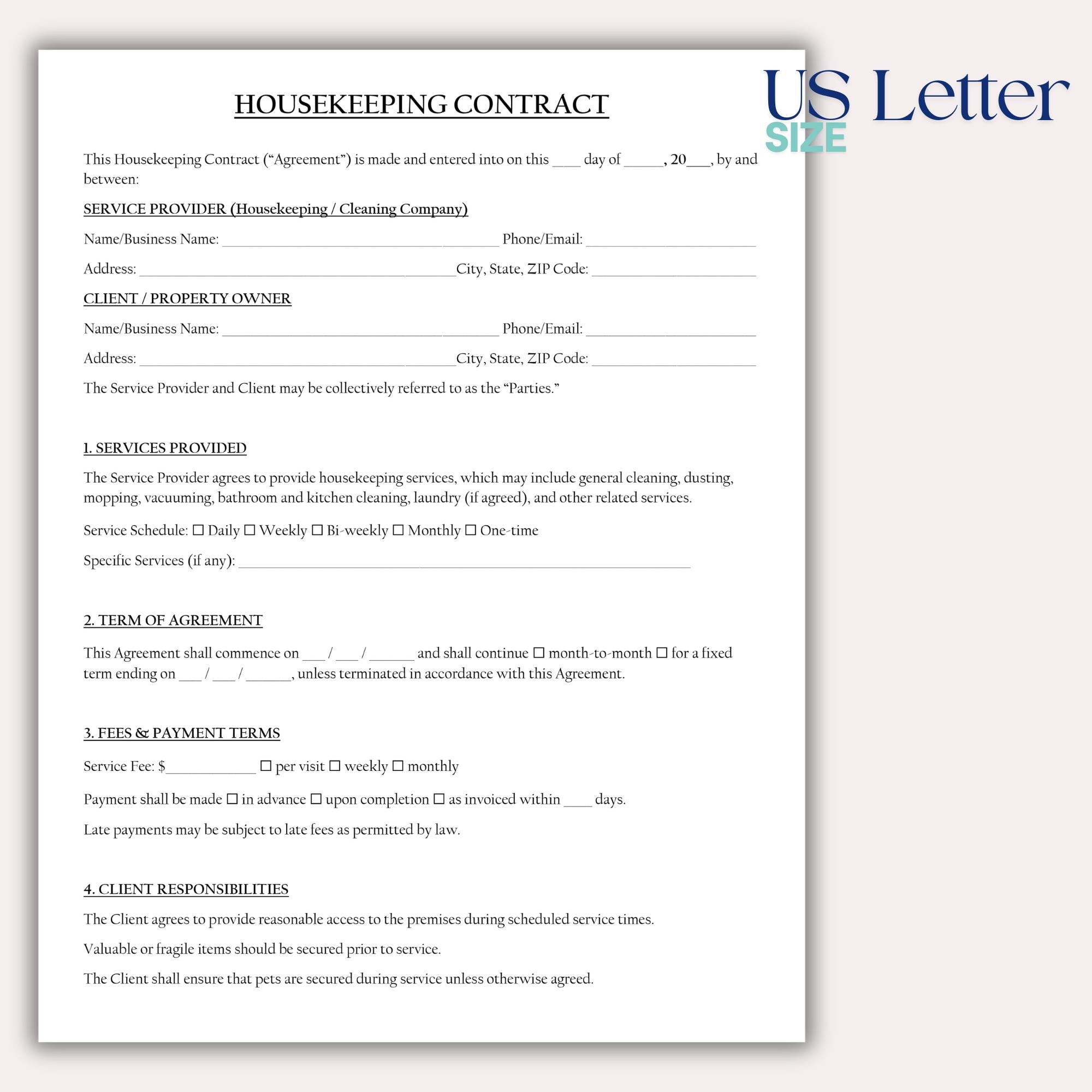 Customizable Housekeeping Contract Template, House Cleaning Service ...