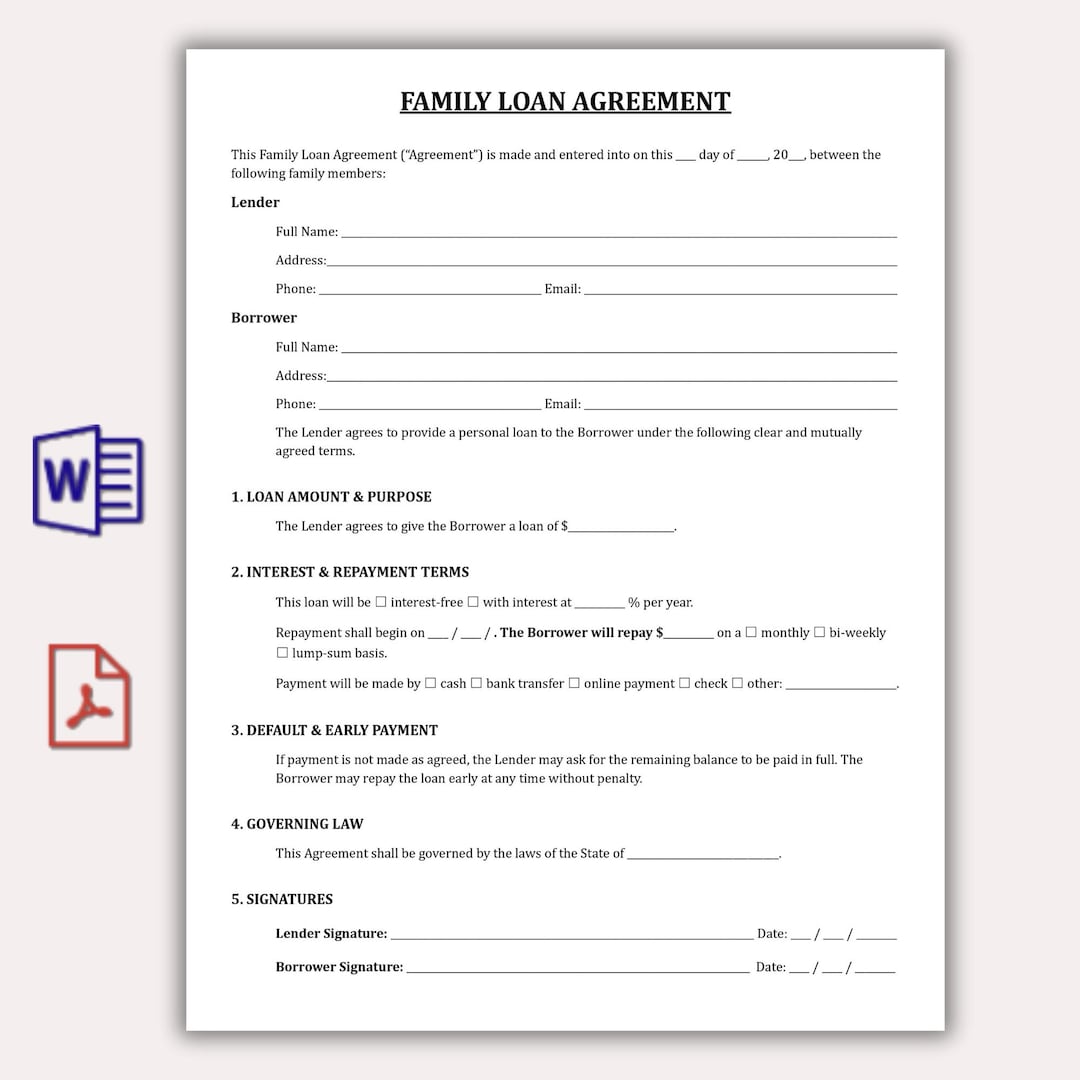 One Page Family Loan Agreement Template, Editable Personal Loan ...