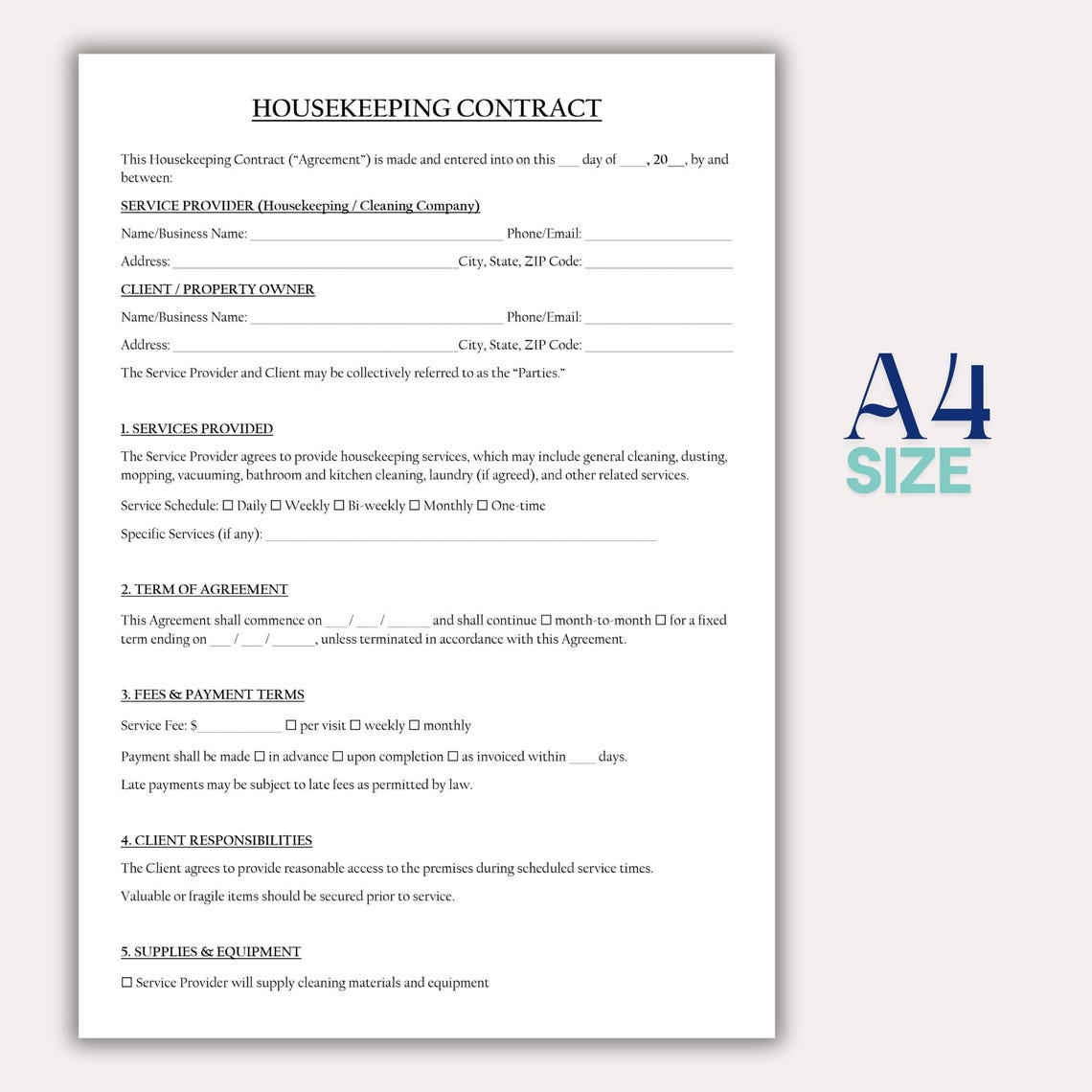 Customizable Housekeeping Contract Template, House Cleaning Service ...