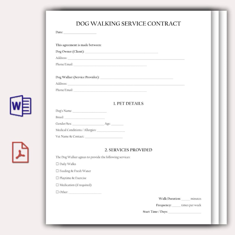 Editable Dog Walking Contract Template, Pet Sitting Form, Dog Walker ...