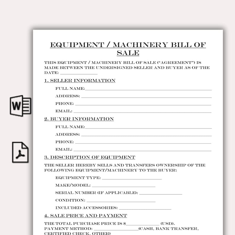 Equipment Bill of Sale Template | Machinery Sale Contract | Printable ...