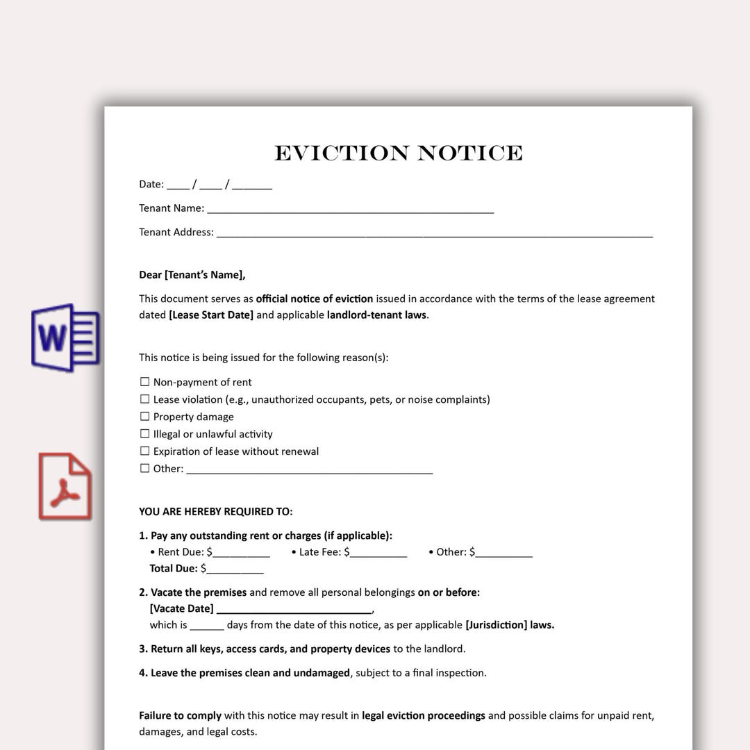 Editable Eviction Notice Template, Printable Notice to Vacate, Landlord ...