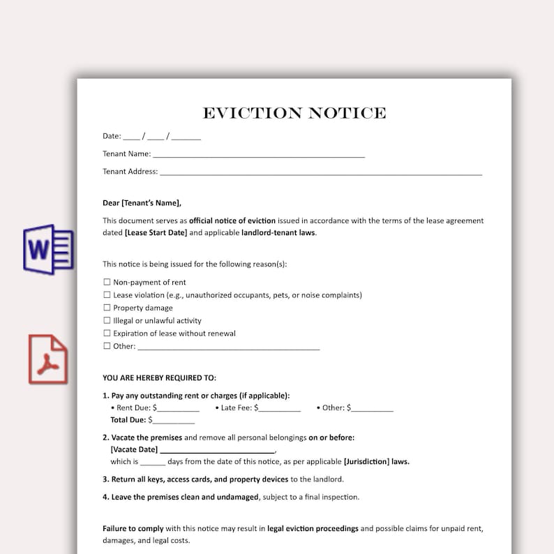Editable Eviction Notice Template, Printable Notice to Vacate, Landlord ...