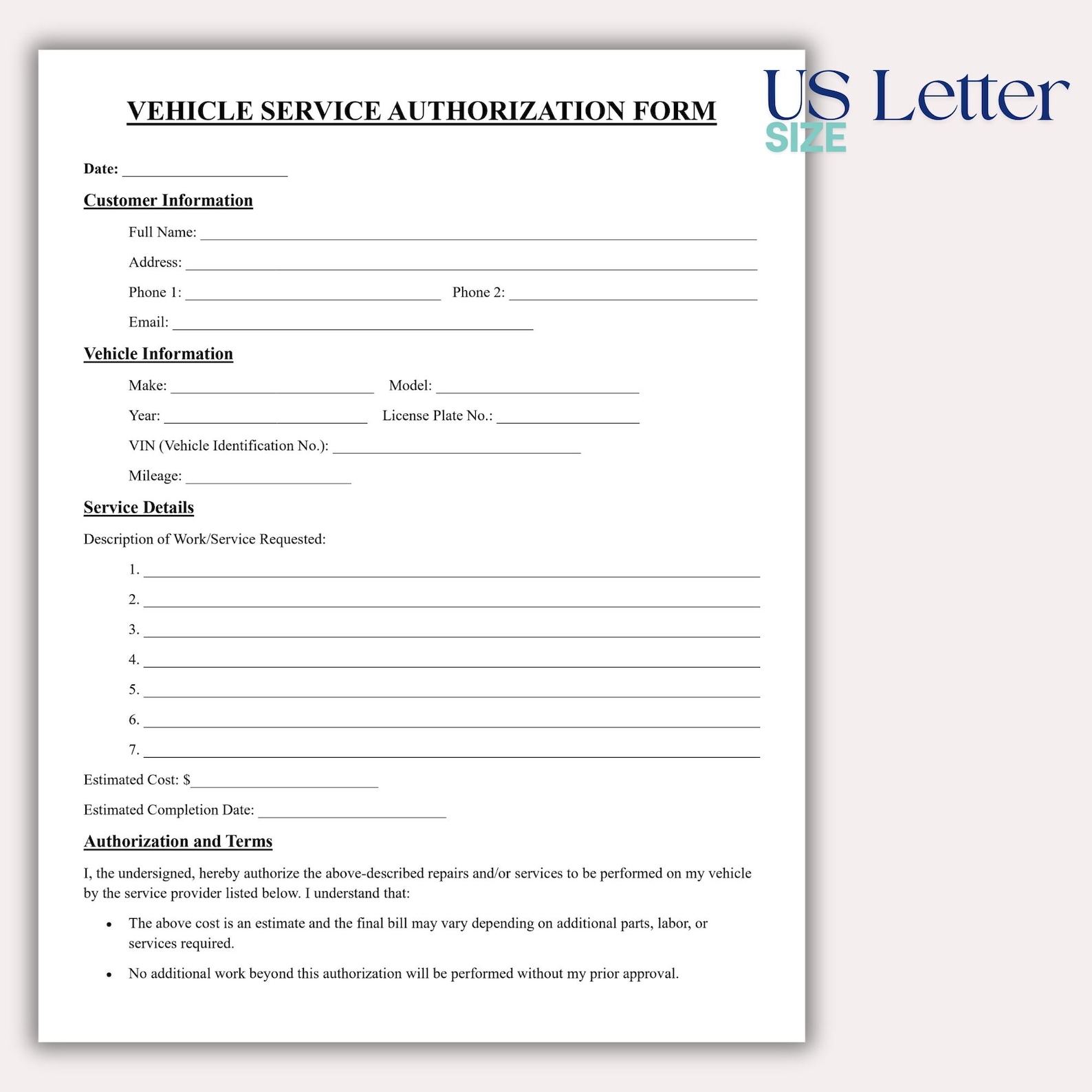 Editable Vehicle Service Authorization Form | Auto Repair Work Order ...